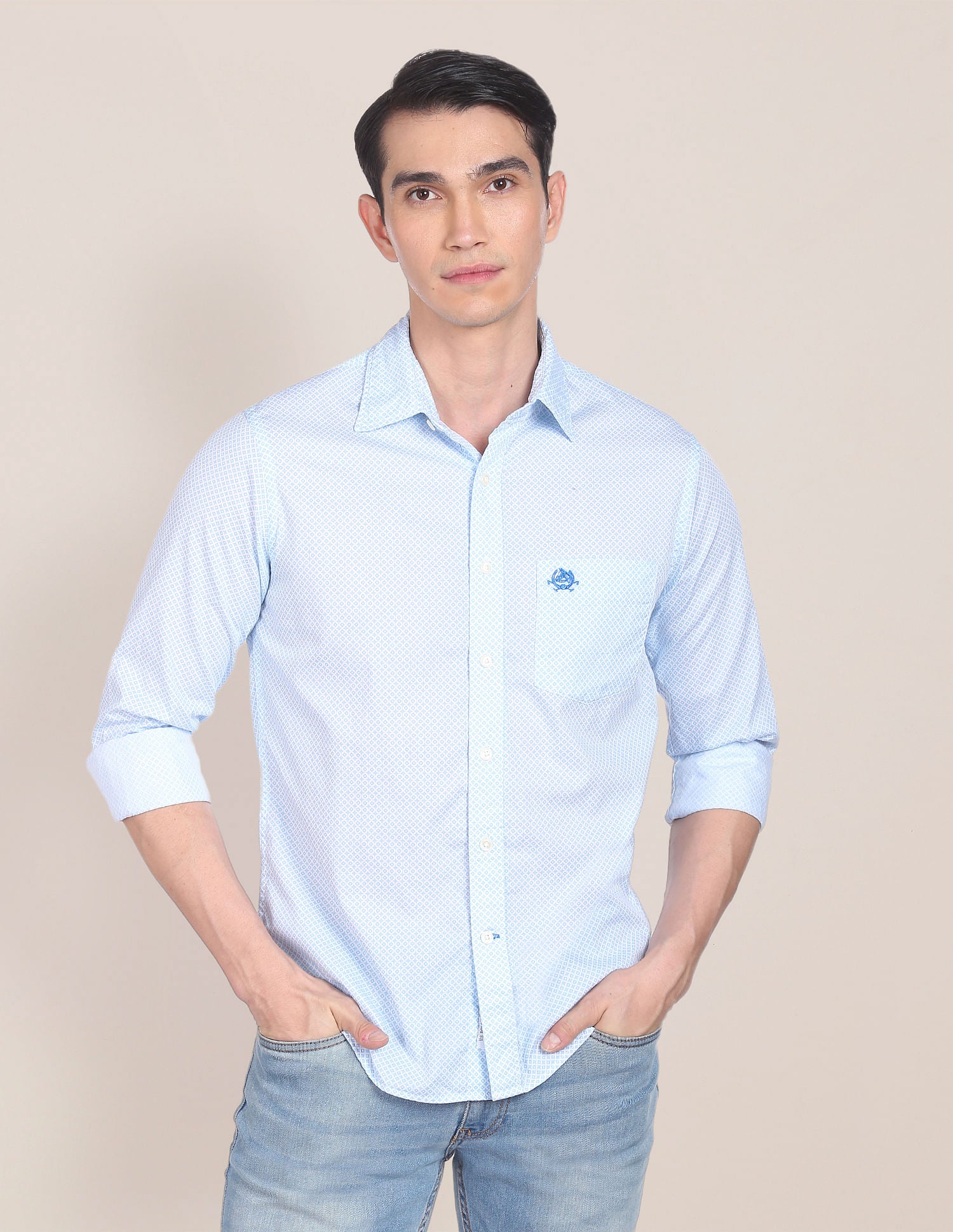 Men Light Blue Motif Print Premium Cotton Casual Shirt – U.S. Polo Assn ...